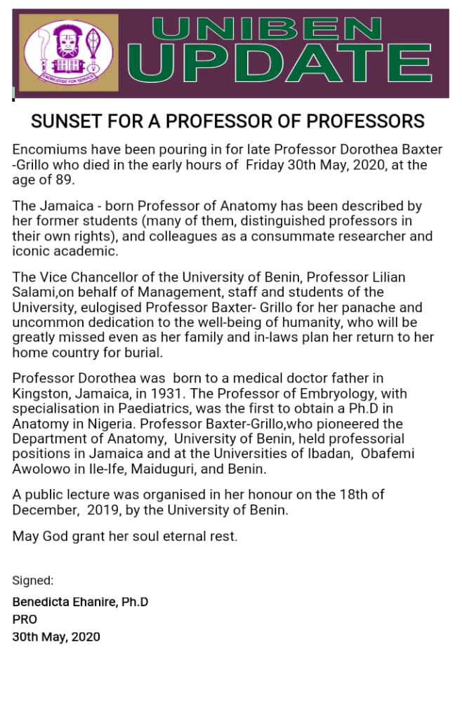 Emeritus Prof Baxter Grillo Dorothea, Uniben Prominent Professor dies ...